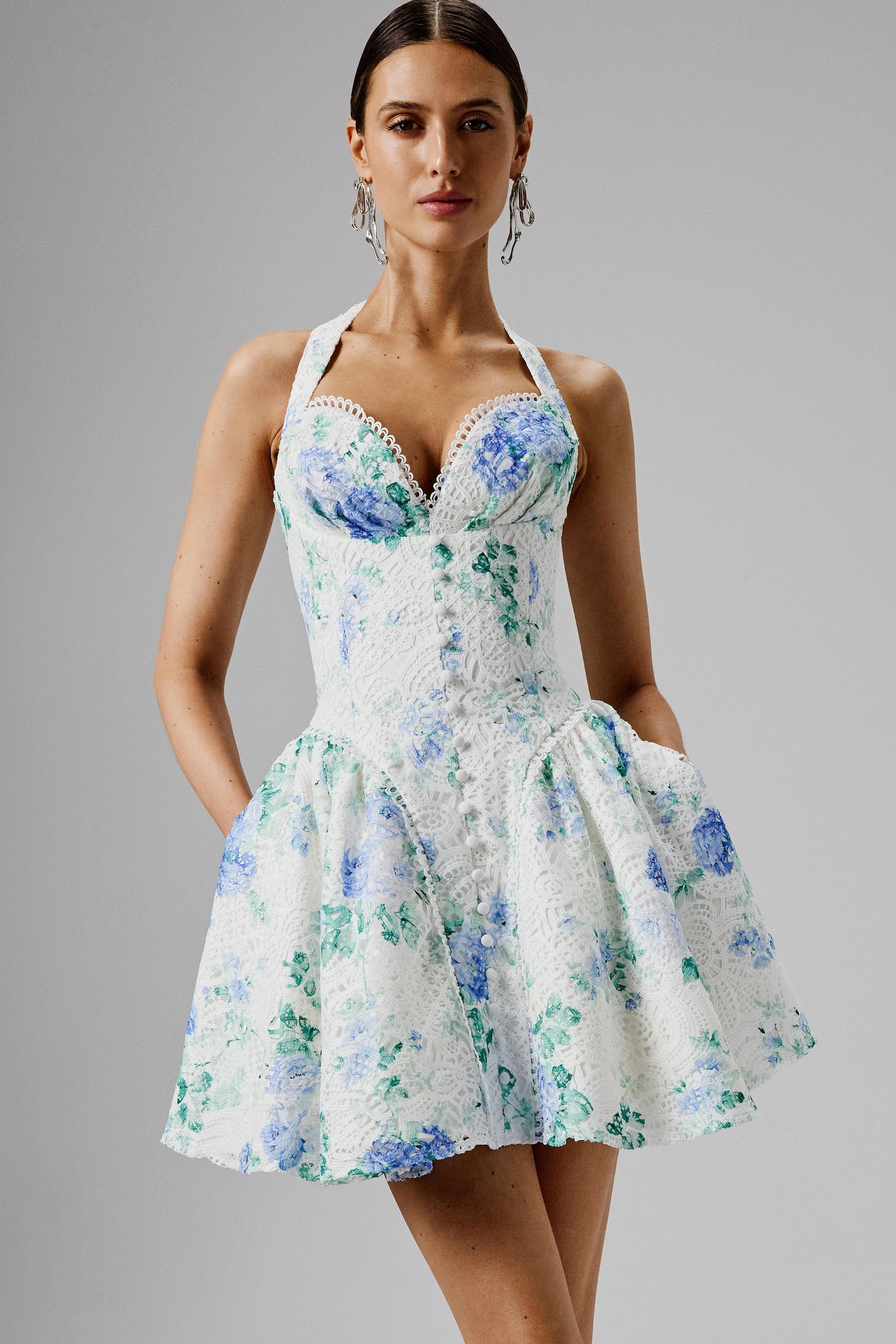 CARA Micro Button and Loop Detail Volume Flared Mini Dress in Floral B