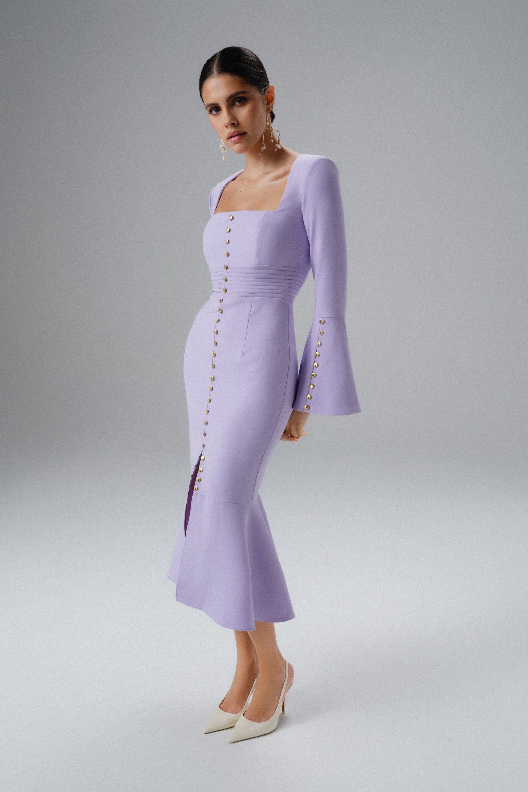 SERENA Fluted Sleeve Micro Shell Button Midi Dress in Purple
