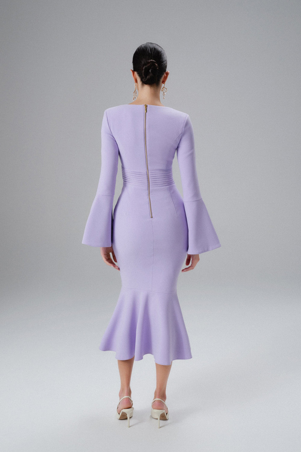 SERENA Fluted Sleeve Micro Shell Button Midi Dress in Purple