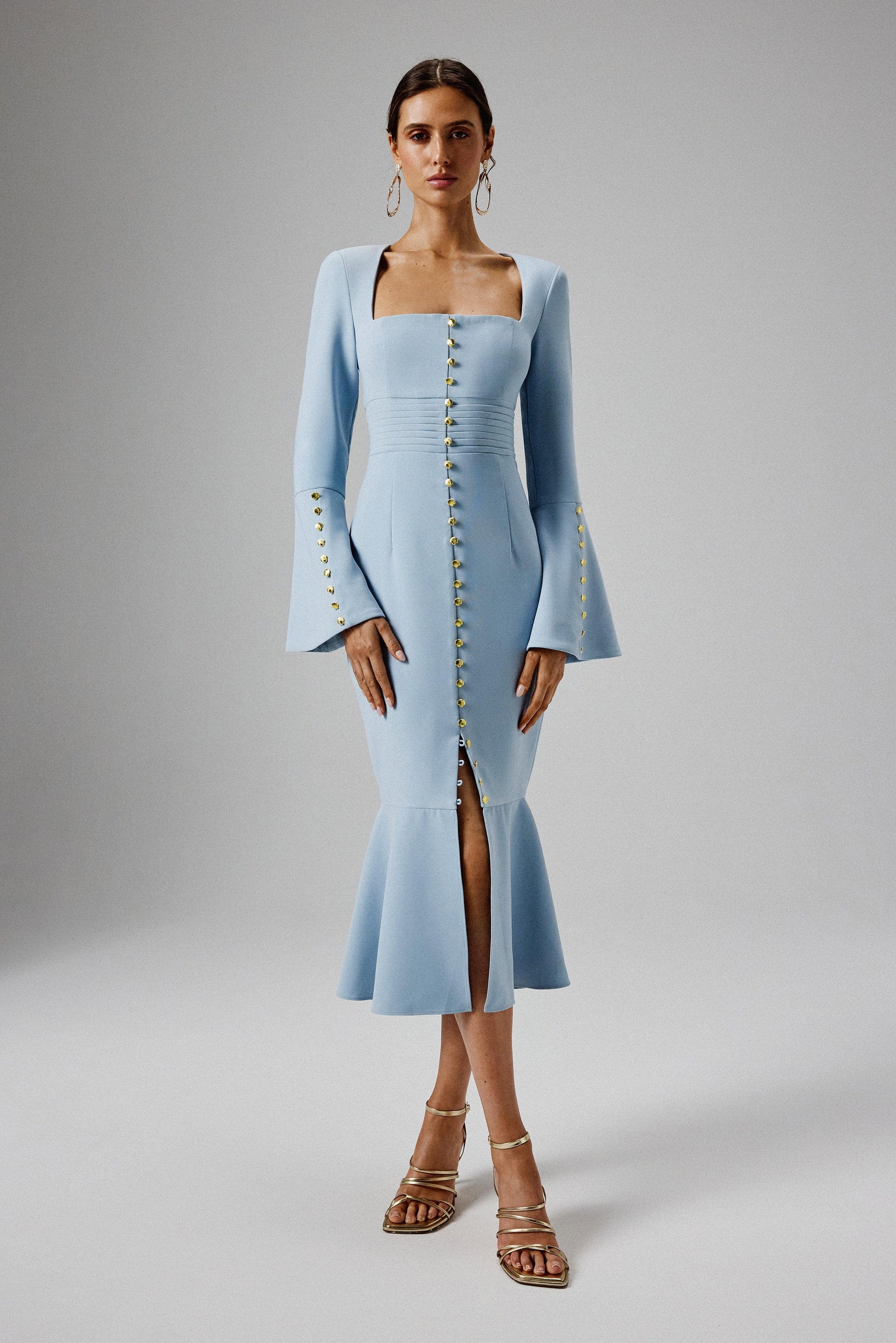 SERENA Fluted Sleeve Micro Shell Button Midi Dress in Light Blue